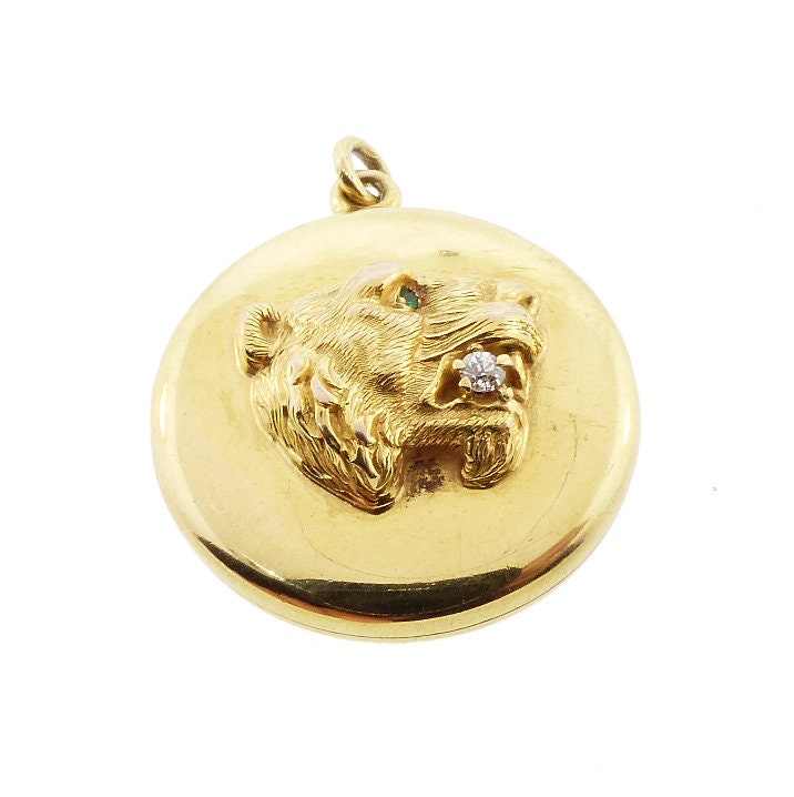 Victorian 18K Gold, Diamond & Emerald Lion Locket