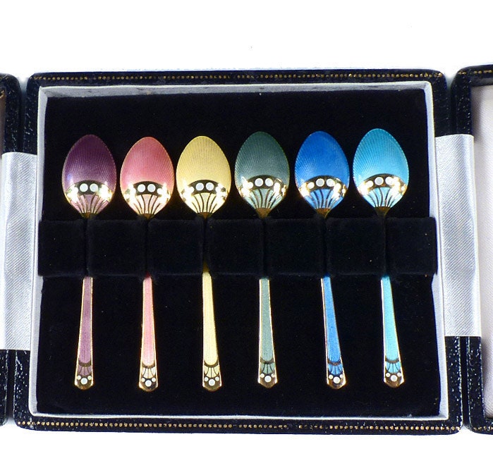 English Turner & Simpson Enameled Sterling Silver Coffee Spoons