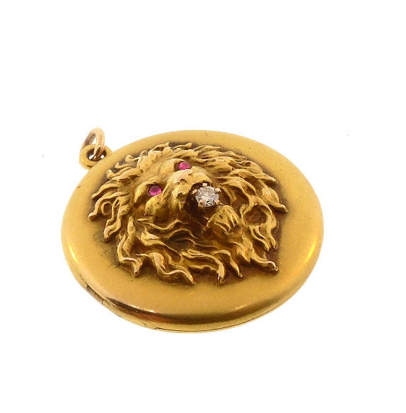 Victorian 14K Gold, Diamond & Ruby Lion’s Head Locket