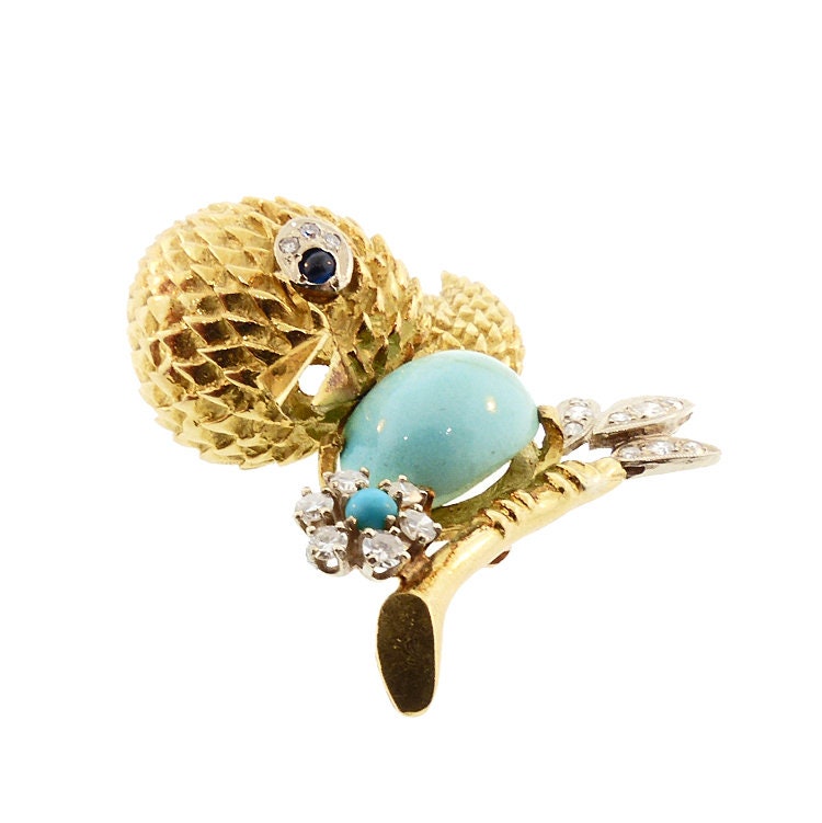 Mid-Century 18K Gold, Diamond, Sapphire & Turquoise Bird Brooch