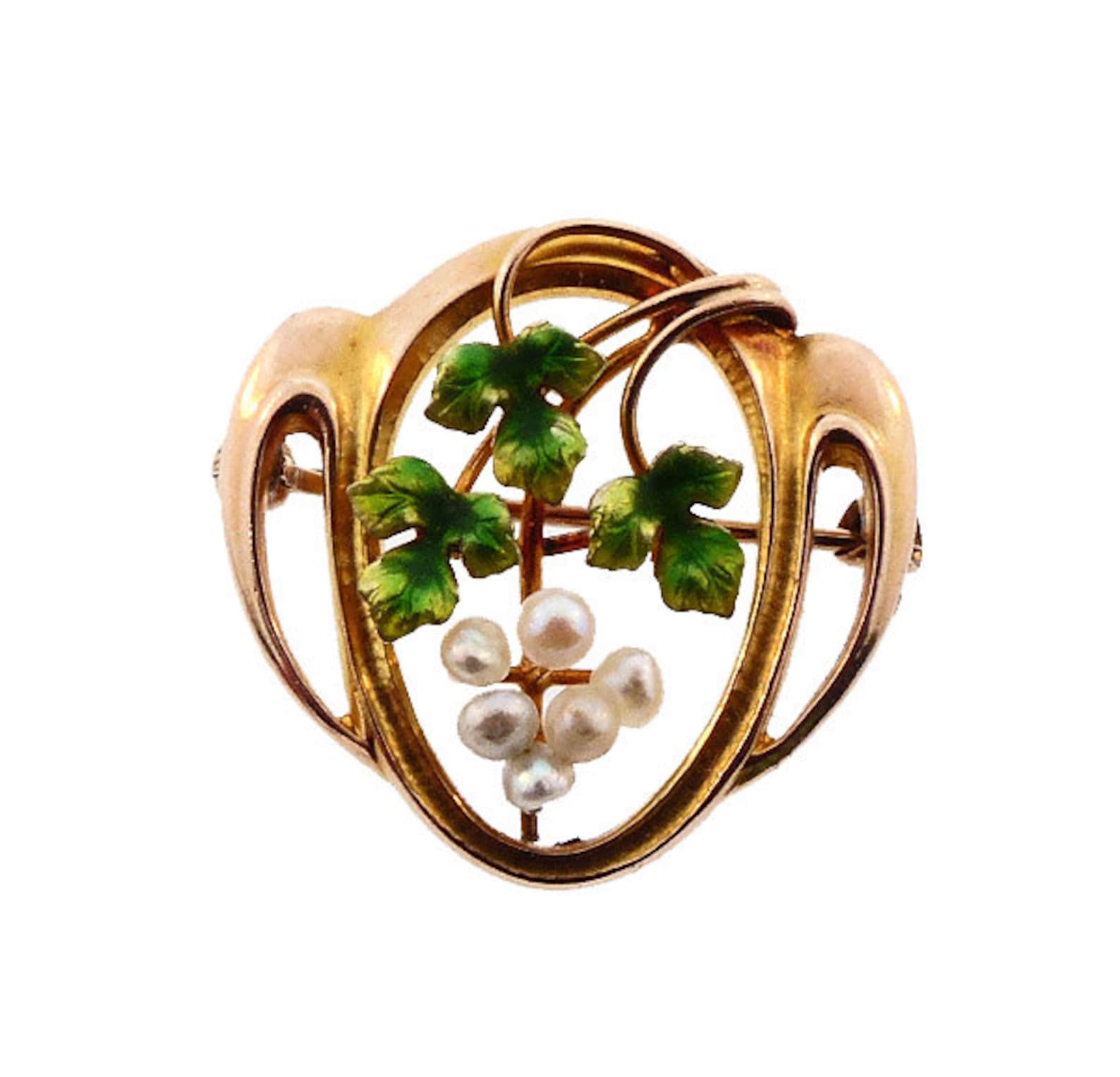 Art Nouveau 10K Gold, Enamel & Pearl Grape Cluster Pin - Etsy