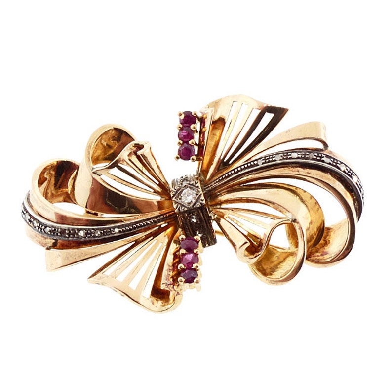Retro 18K Gold Diamond & Ruby Bow Pin - Etsy