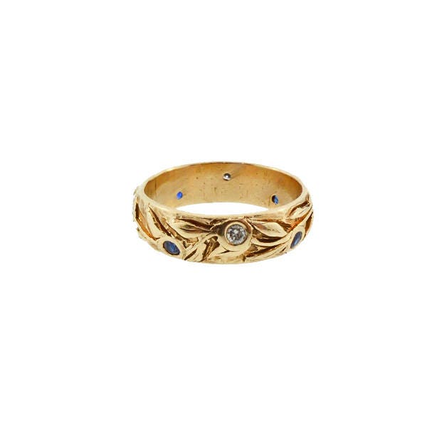 Art Nouveau 14K Gold, Diamond & Sapphire Gentleman's Wedding Band Art Nouveau 14K Gold, Diamond & Sapphire Gentleman's Wedding Band
