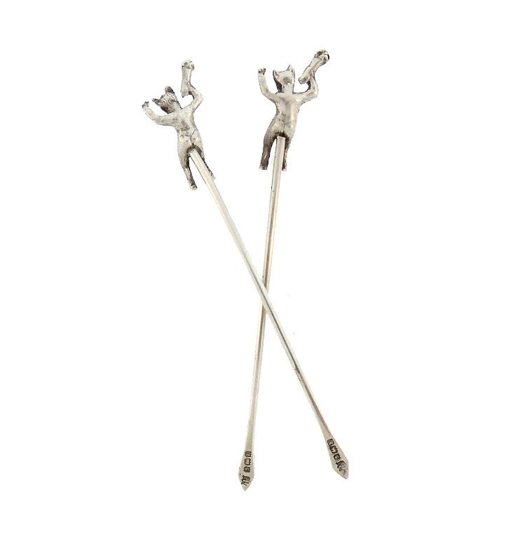 Art Deco English Sterling Silver Devil Cocktail Picks Boxed Set