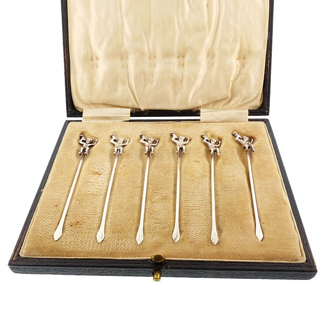 Art Deco English Sterling Silver Devil Cocktail Picks Boxed Set