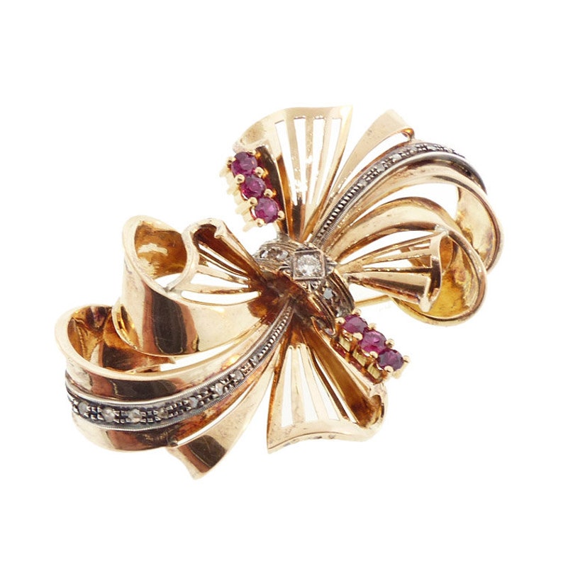 Retro 18K Gold Diamond & Ruby Bow Pin - Etsy