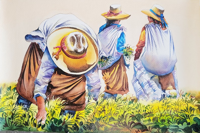 Peruvian Farmers Harvesting Potatoes, Watercolor Painting Original Peru ...