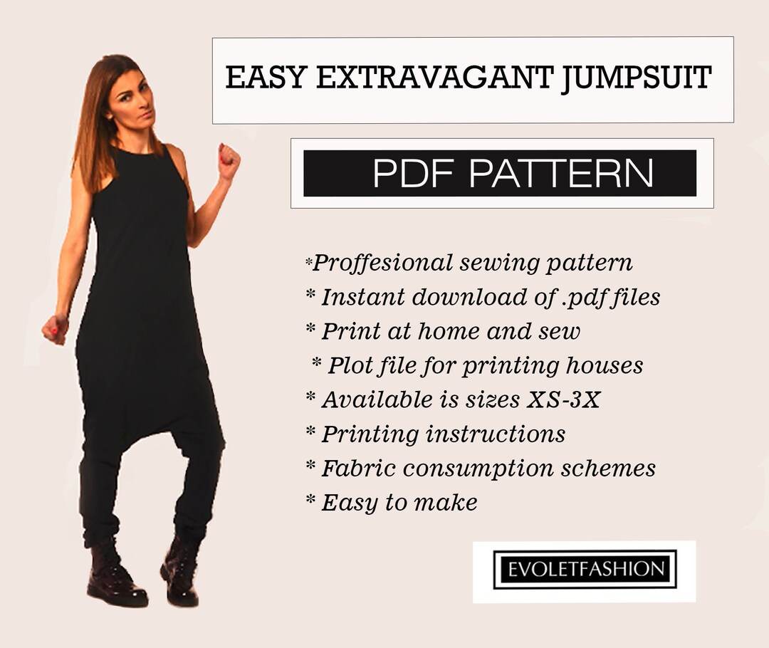 L-XL-XXL Digital Sewing Pattern of Drop Crotch Jumpsuit/ Loose Harem ...
