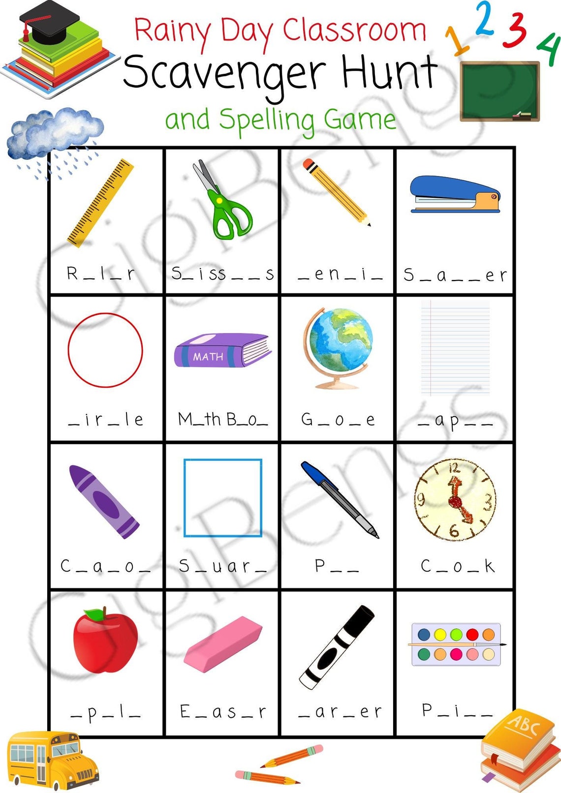 Rainy Day SCAVENGER HUNT and Spelling Game for Kids Elementary ...