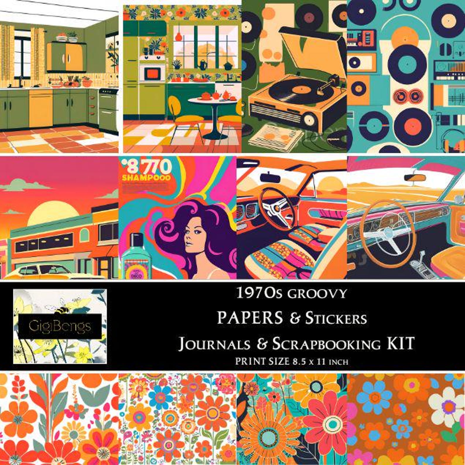 1970s Retro Junk Journal Kit: Groovy Scrapbook Papers & Stickers ...