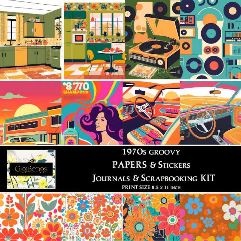 Retro 70s Junk Journal Kit, Printable Scrapbook Papers & Stickers ...