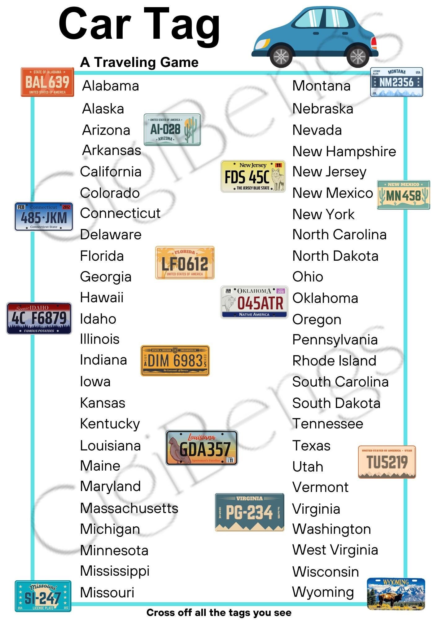 Car Tag Game License Plate TRAVEL GAME for Kids Fun Activity for ...