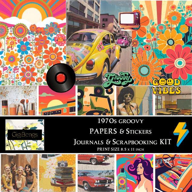 Retro 70s Junk Journal Kit, Printable Scrapbook Papers & Stickers ...