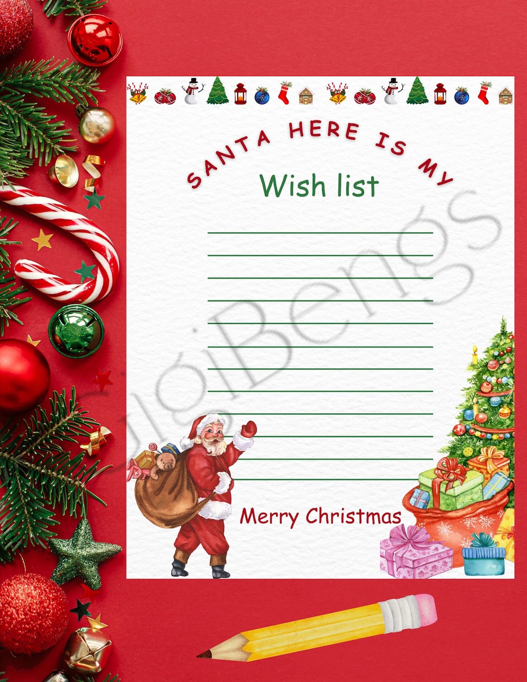 Christmas Wish List Printable Childrens Santa Claus Wish List Digital ...