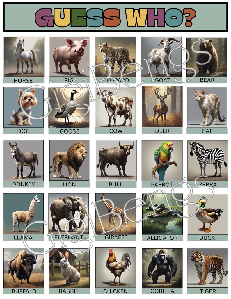 Printable GUESS WHO? Farm & Safari Animals Game for Kids – Digital ...