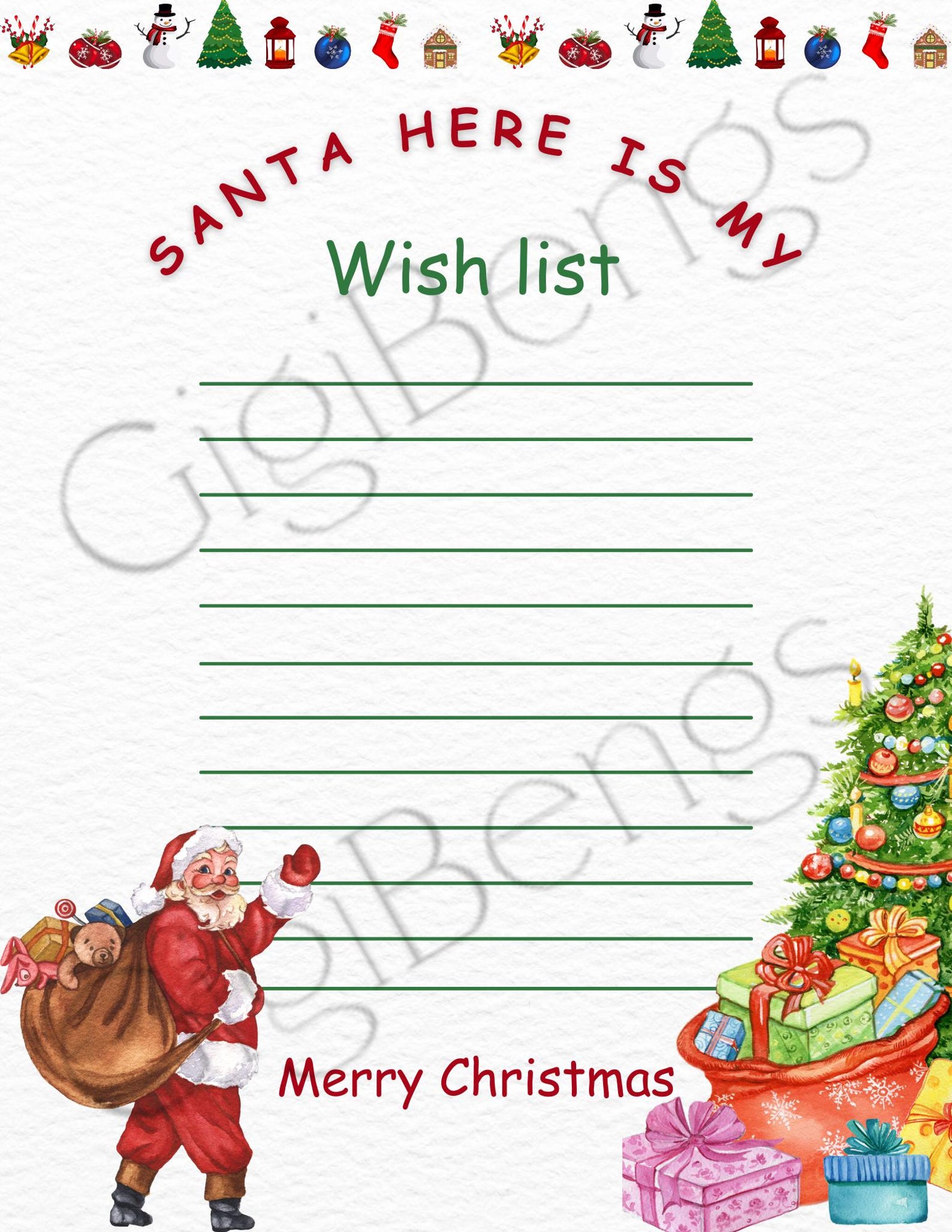 Christmas Wish List Printable Childrens Santa Claus Wish List Digital ...
