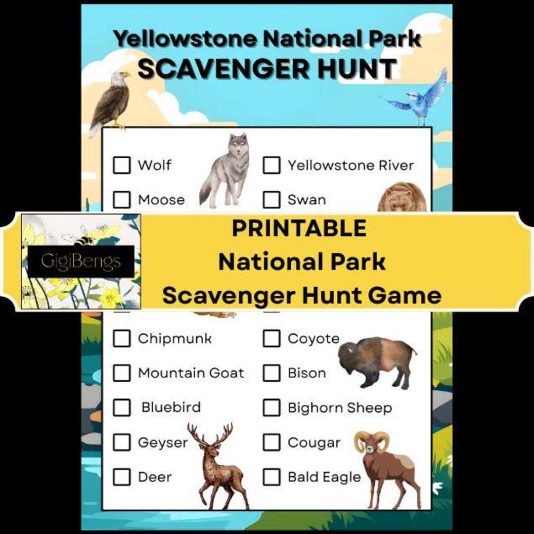 Yellowstone National Park Scavenger Hunt - Printable Road Trip Game ...