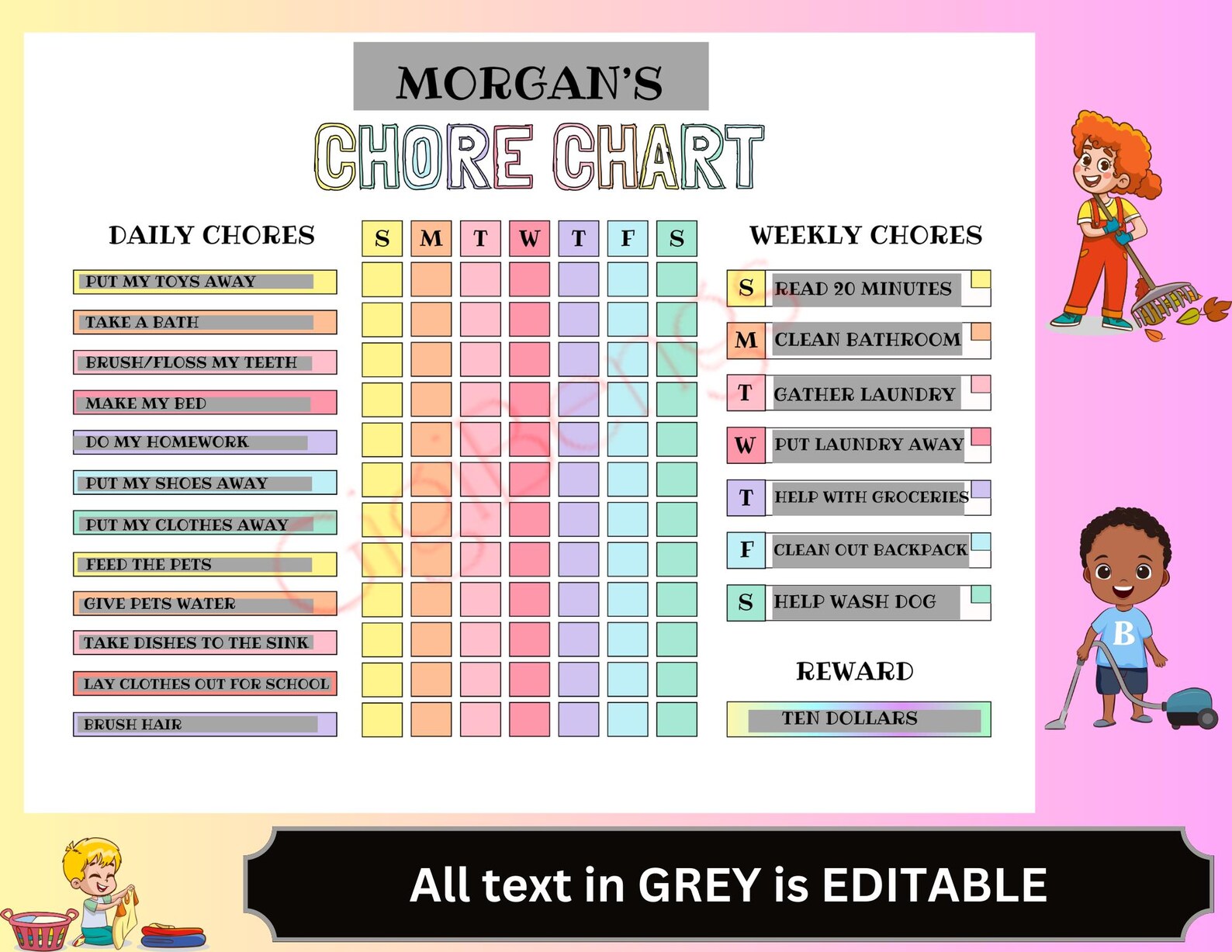 EDITABLE Chore Chart for Kids Printable Chore Chart for Children ...