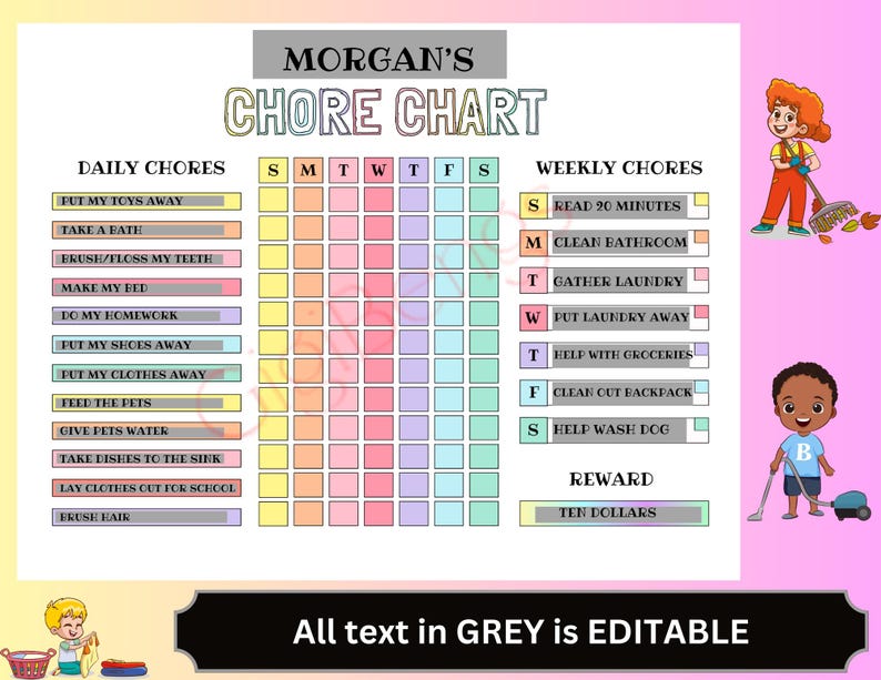 EDITABLE Chore Chart for Kids Printable Chore Chart for Children ...