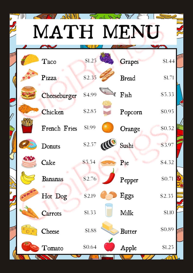 PRINTABLE Math Menu Money Task Sheet to Make Math Fun Printable Math Paper Digital Math Sheet ...