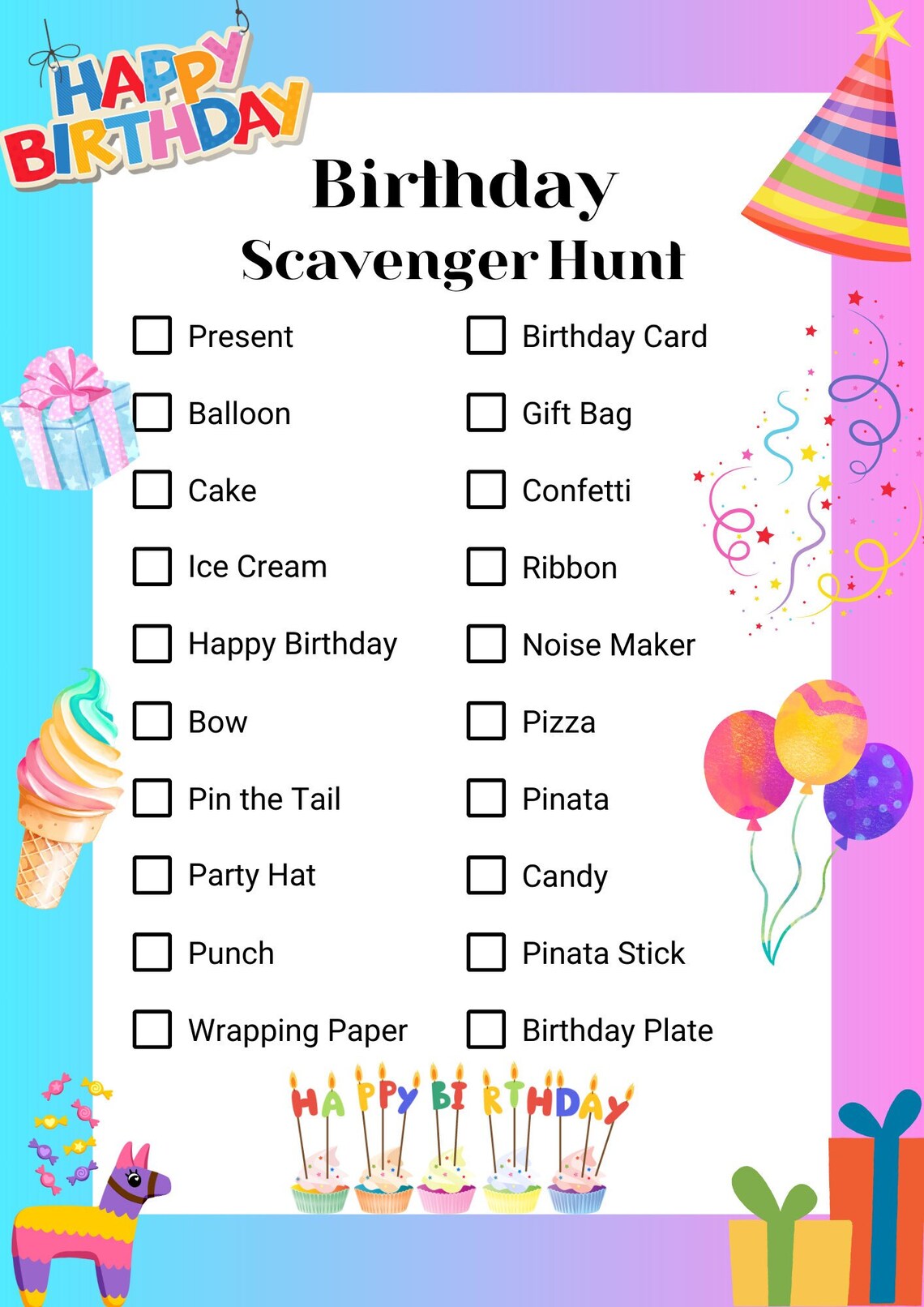 Editable Birthday Scavenger Hunt Game Digital Birthday Party Game