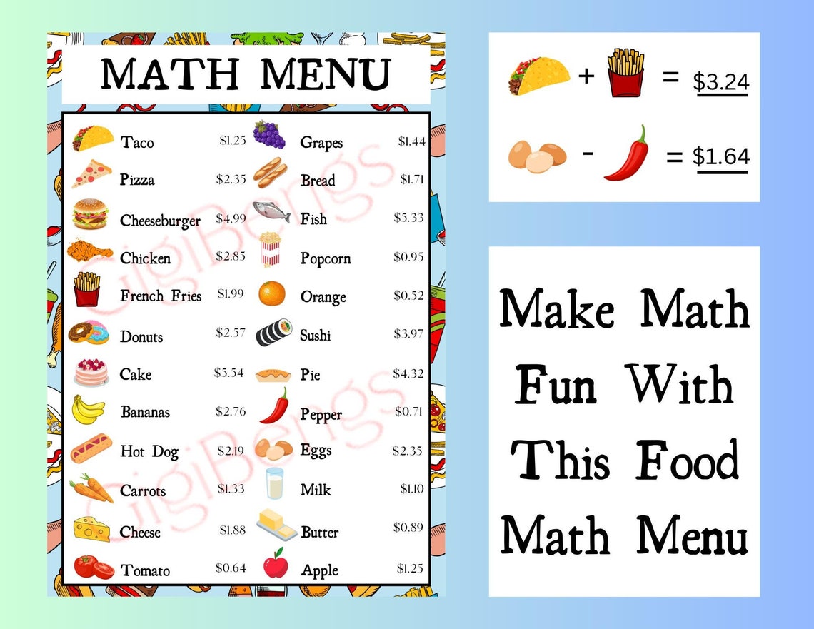 PRINTABLE Math Menu Money Task Sheet to Make Math Fun Printable Math ...