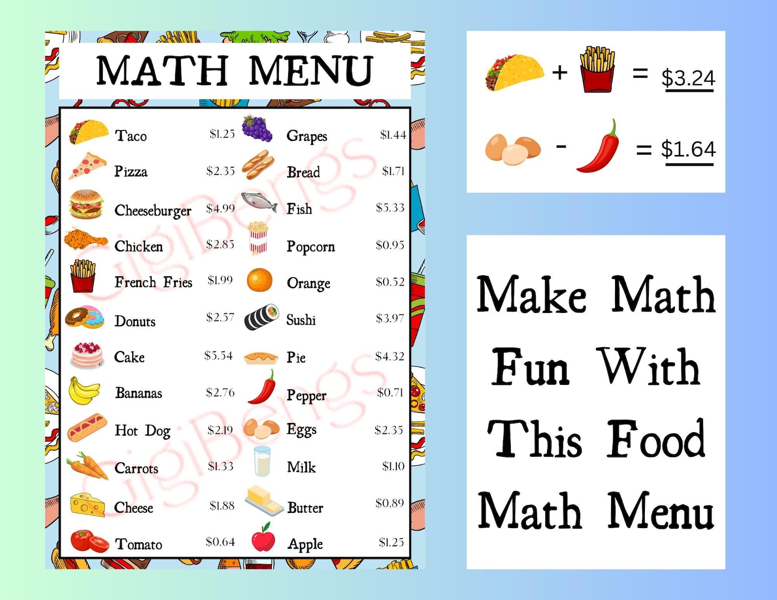 Food Math Menu: Elementary Addition and Subtraction (printable Digital ...