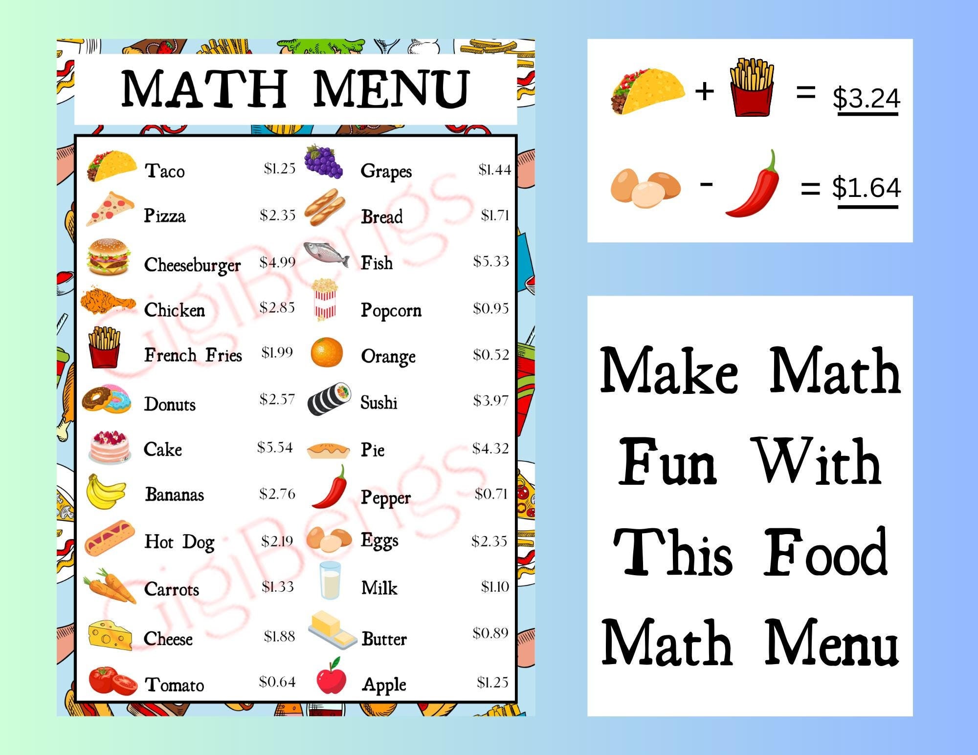 Printable Food Math Menu: Elementary School Teacher Template (digital ...