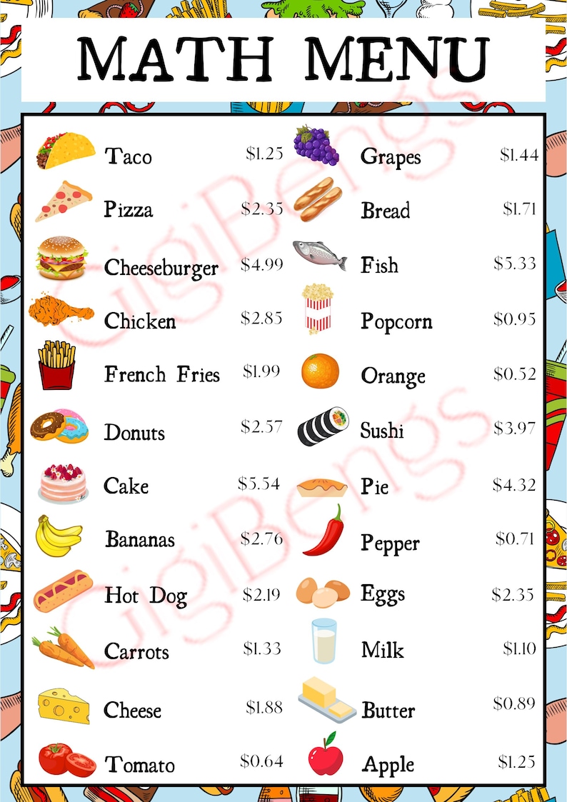 Printable Food Math Menu: Elementary School Teacher Template (digital ...