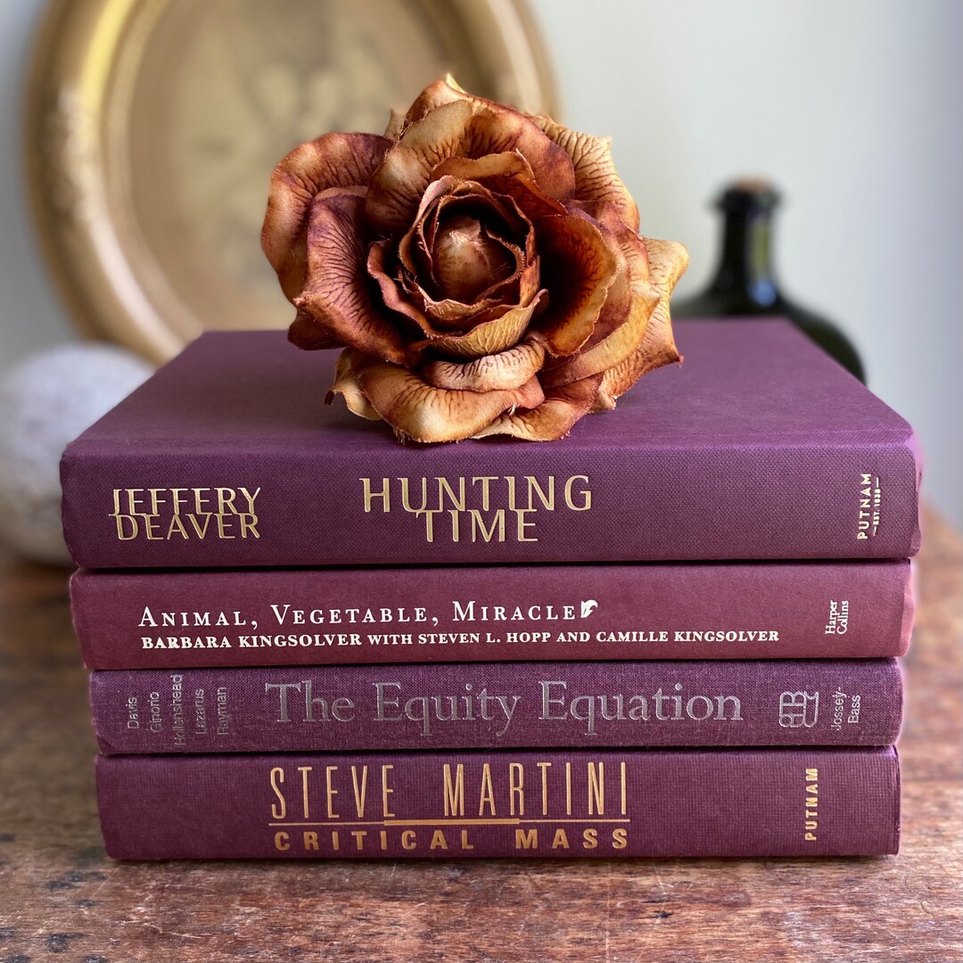 Burgundy Decorative Books Set, Maroon Shelf Decor, Stack of Books, Plum ...
