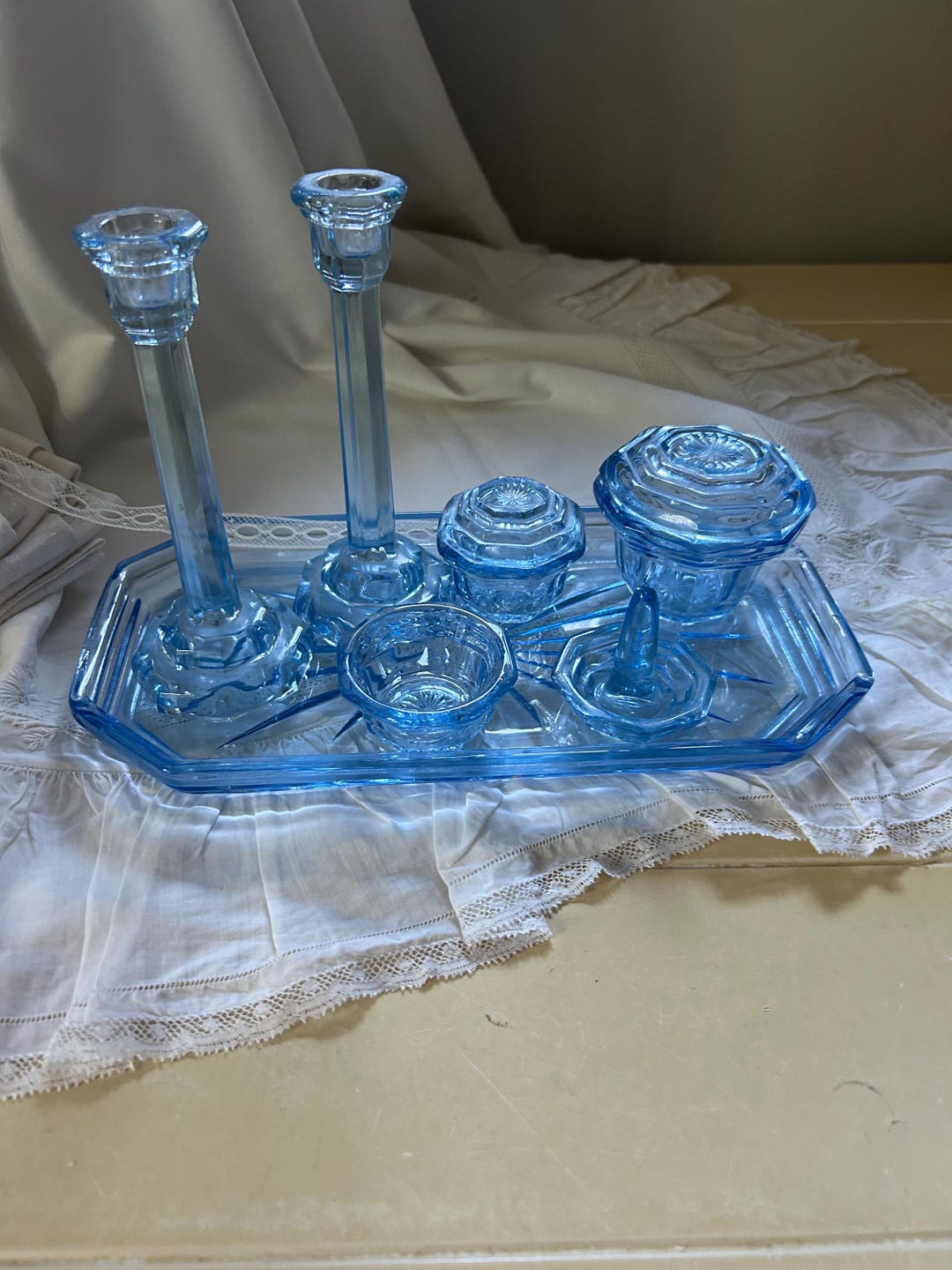 Antique Light Blue Depression Glass Dressing Table Set Complete From ...