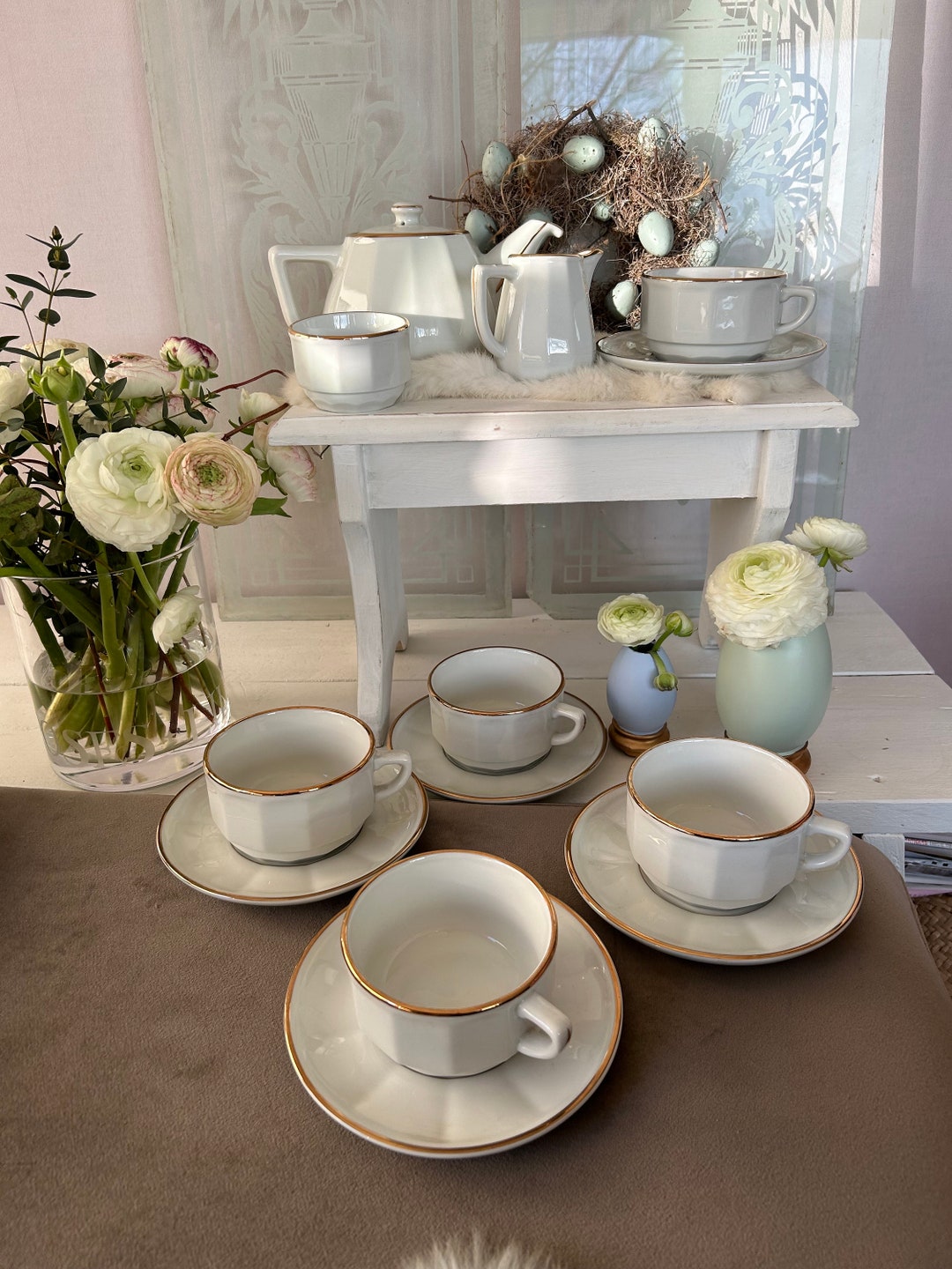 Apilco Limoges 5 Person Tableware With the Large Cup and Saucer, Coffee ...