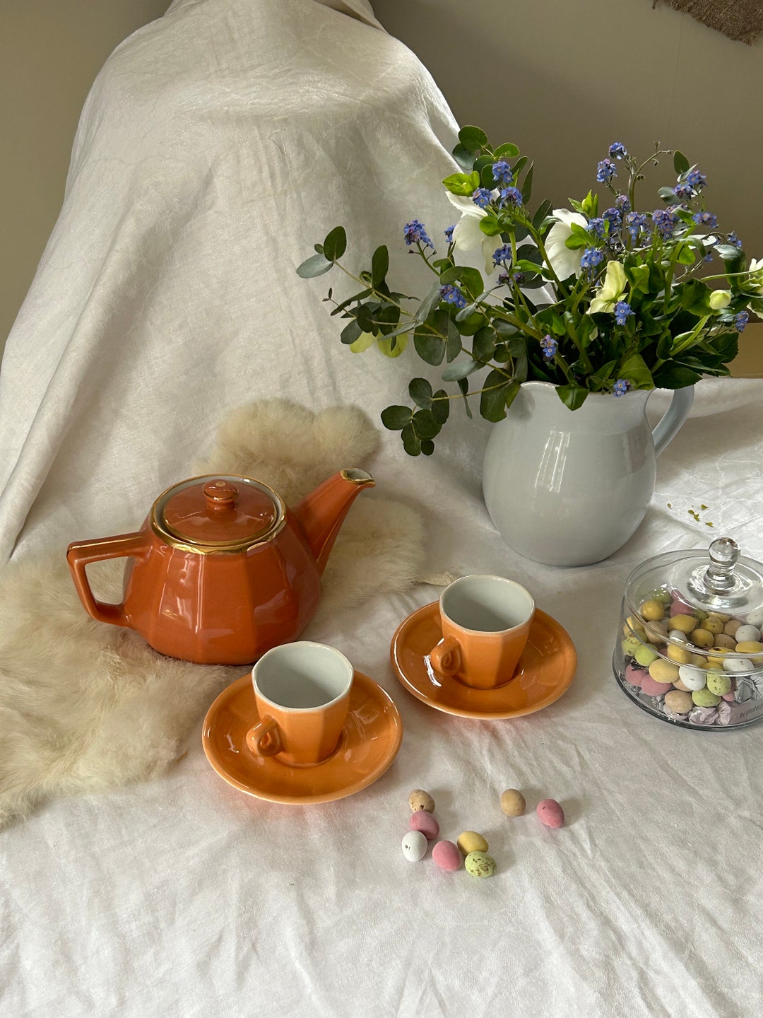 Apilco Yves Deshoulieres Limoges Teapot and Two Orange Cups and Saucers ...
