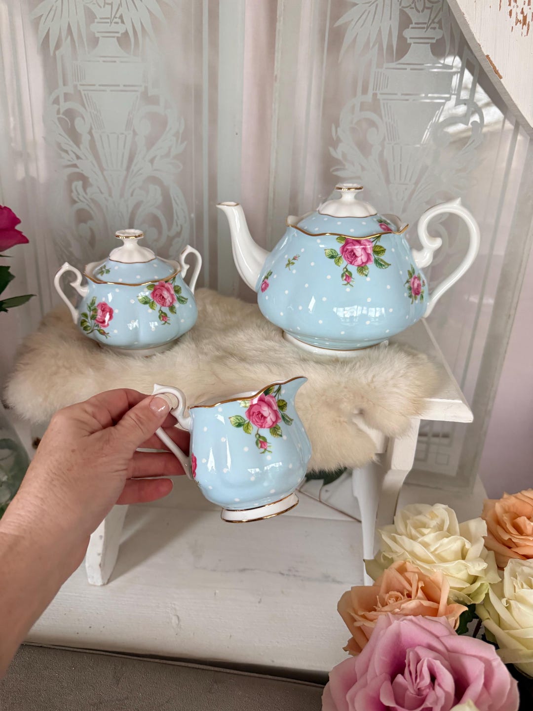 Royal Albert Polkadot Light Blue Teapot Milk Jug and Sugar Bowl Izgst ...