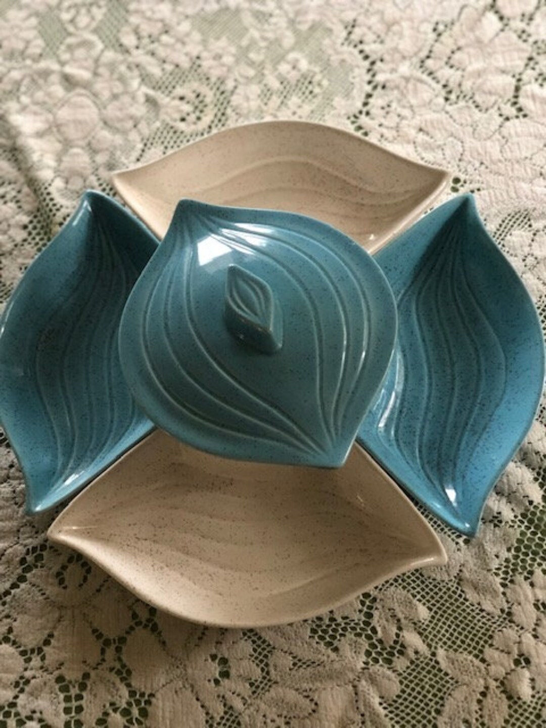 1960s Vintage California Pottery L34 Aqua Blue & White 6 Piece Chip Dip ...