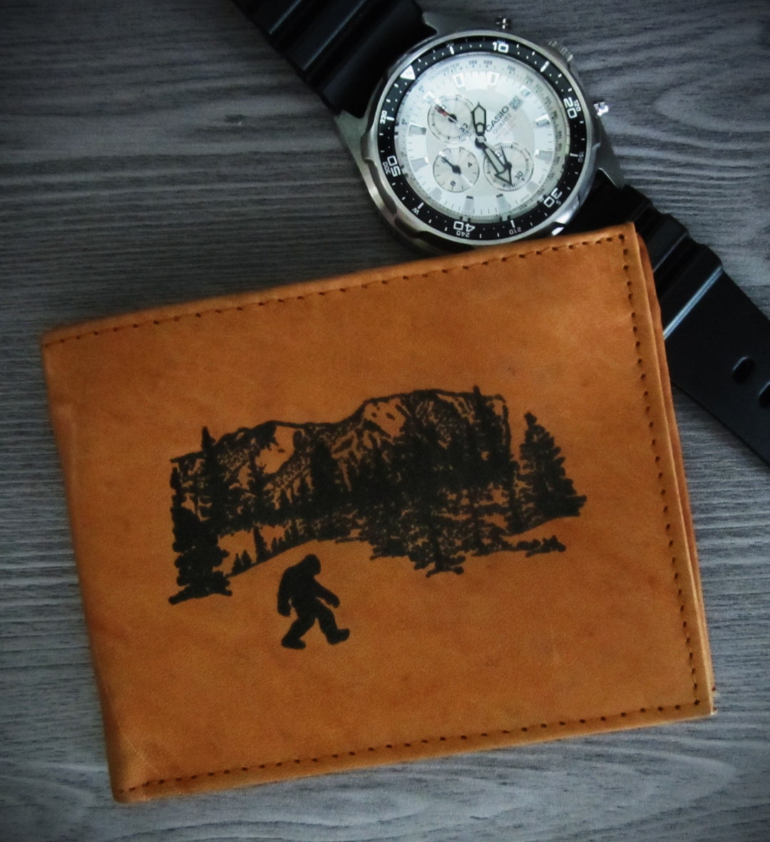 Sasquatch, Bigfoot, Yeti-men's Custom Artwork Laser Engraved Tan Bi ...