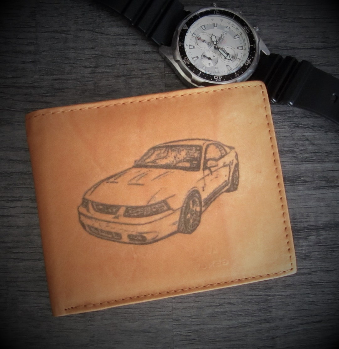 Men's Tan Bi-fold Leather Wallet With 1965-2024 Ford Mustang Image mach ...