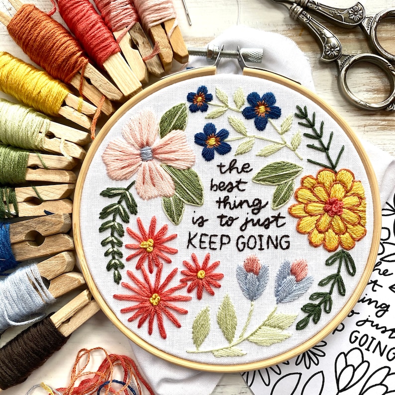 Keep Going Floral Embroidery Pattern. Floral Beginner Modern Embroidery ...