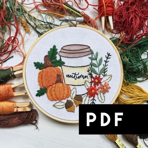 Coffee Cup and Pumpkins October Embroidery Pattern of the - Etsy