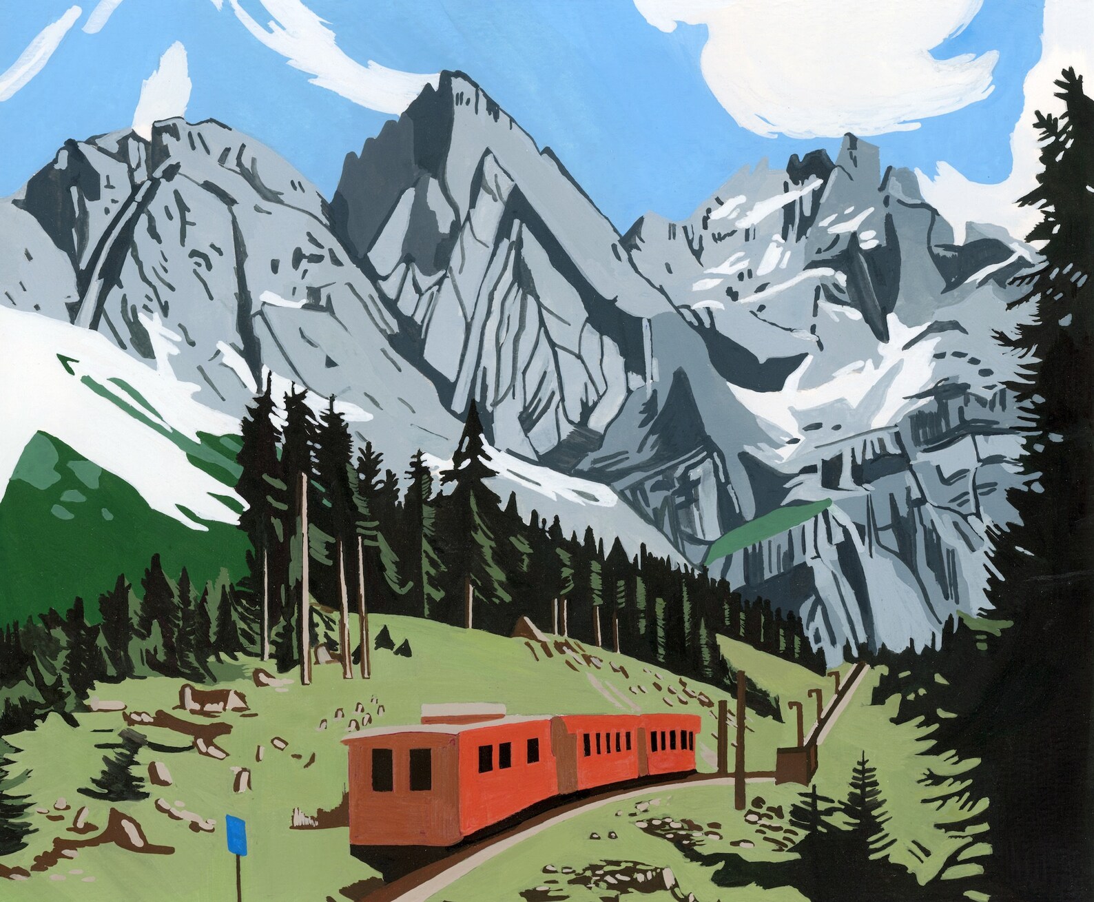 Mountain Train Alpine Illustration Nursery Art Landscape - Etsy