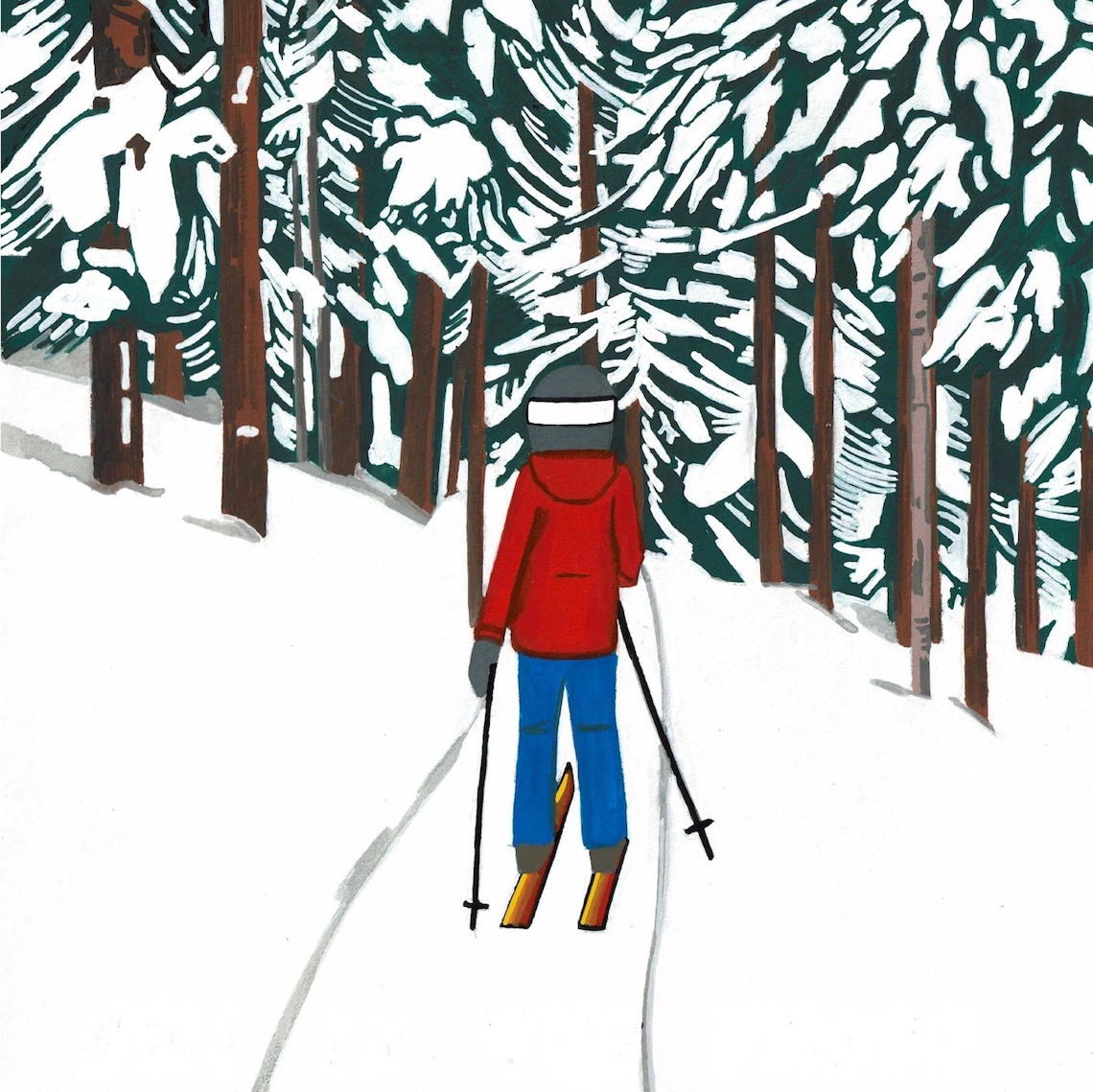 Tree Run, Ski Illustration, Alpine Ski Art, Snowy Mountain Painting ...