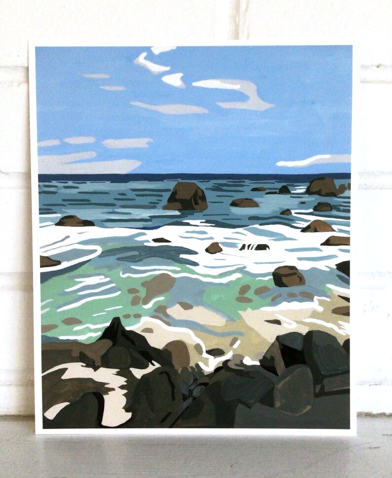 Ocean Gouache Painting, Rocky Ocean View Print, Blue Ocean Fine Art ...