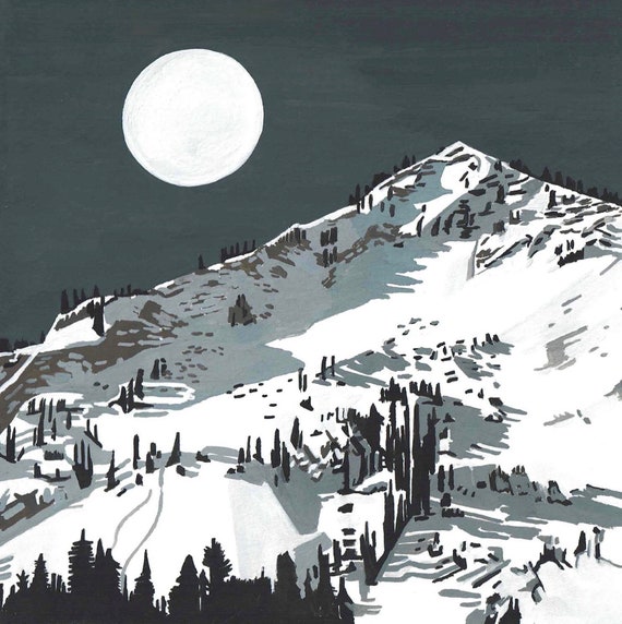 Winter Night Painting Mountain Painting Snowy Illustration | Etsy