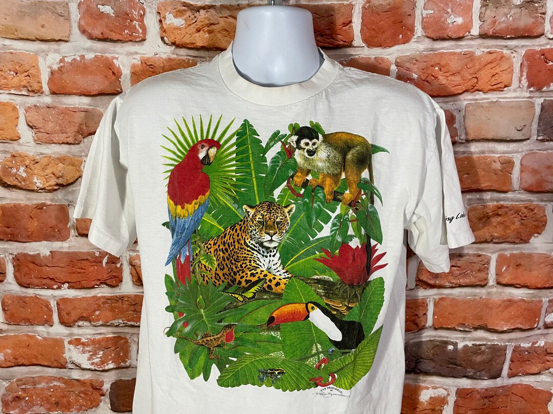 Vintage 90s Jungle Wildlife Print Shirt - Fits M - Leopard Monkey ...