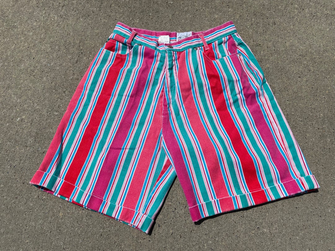 Vintage 90s Vertical Striped Multicolor Mom Shorts - Sz 13/14 - High ...