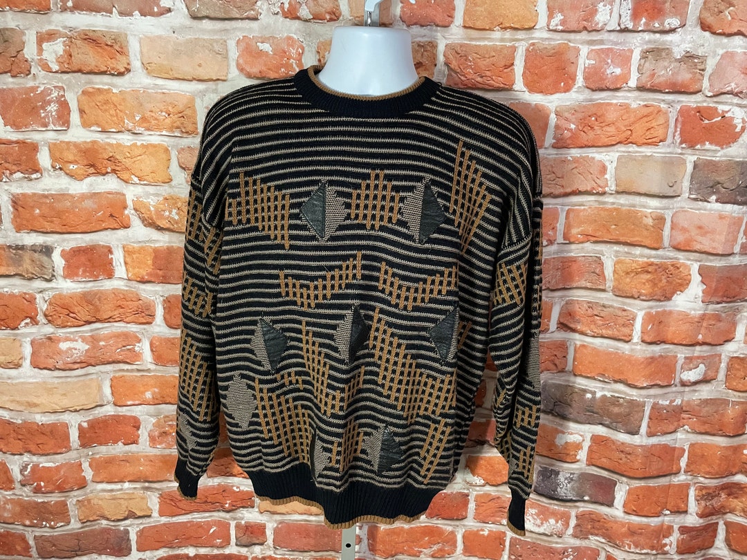 Vintage 90s Alan Stuart Sweater W Leather Patches - Sz XL - Striped ...