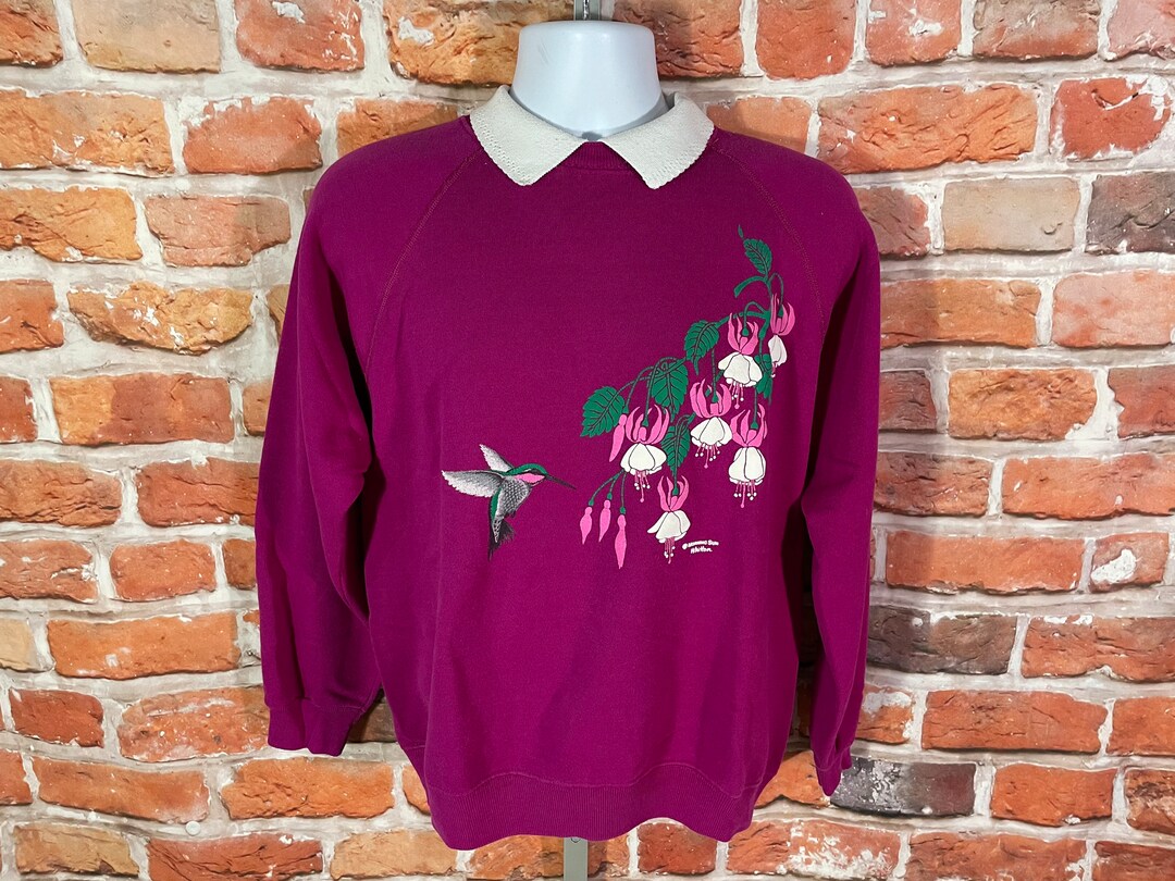 Vintage 80s 90s Fuchsia Hummingbird Polo Collar Grandma Sweatshirt - Sz ...