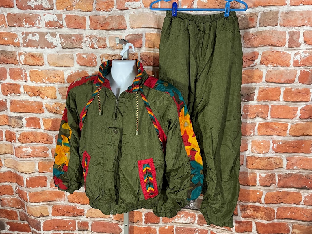 Vintage Funky Windbreaker Warm up Suit - Sz M - 80s 90s Green W ...