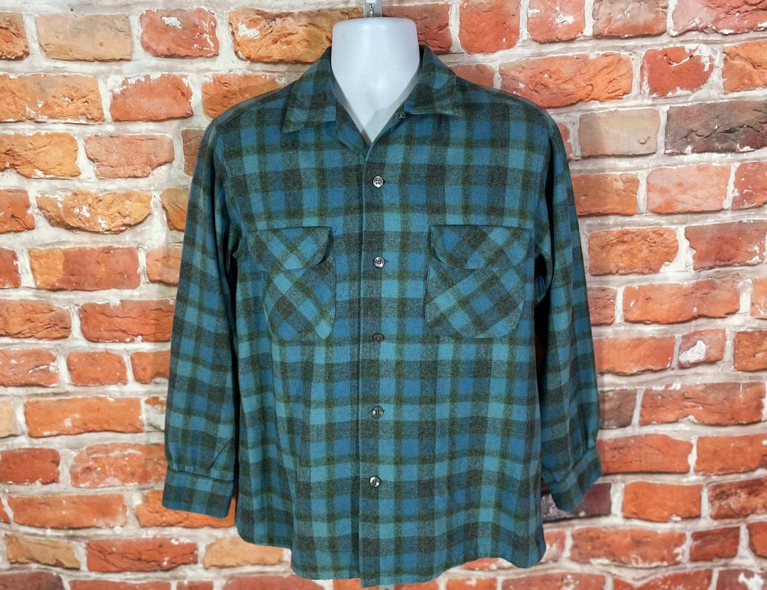 Vintage Pendleton Blue/green Plaid Wool Flannel Shirt - Sz M - 70s 80s ...