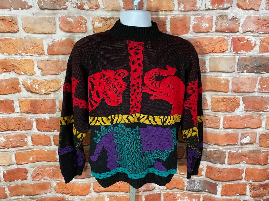 Vintage 80s Colorful Wild Animal Sweater Fits M/S Elephant Leopard ...